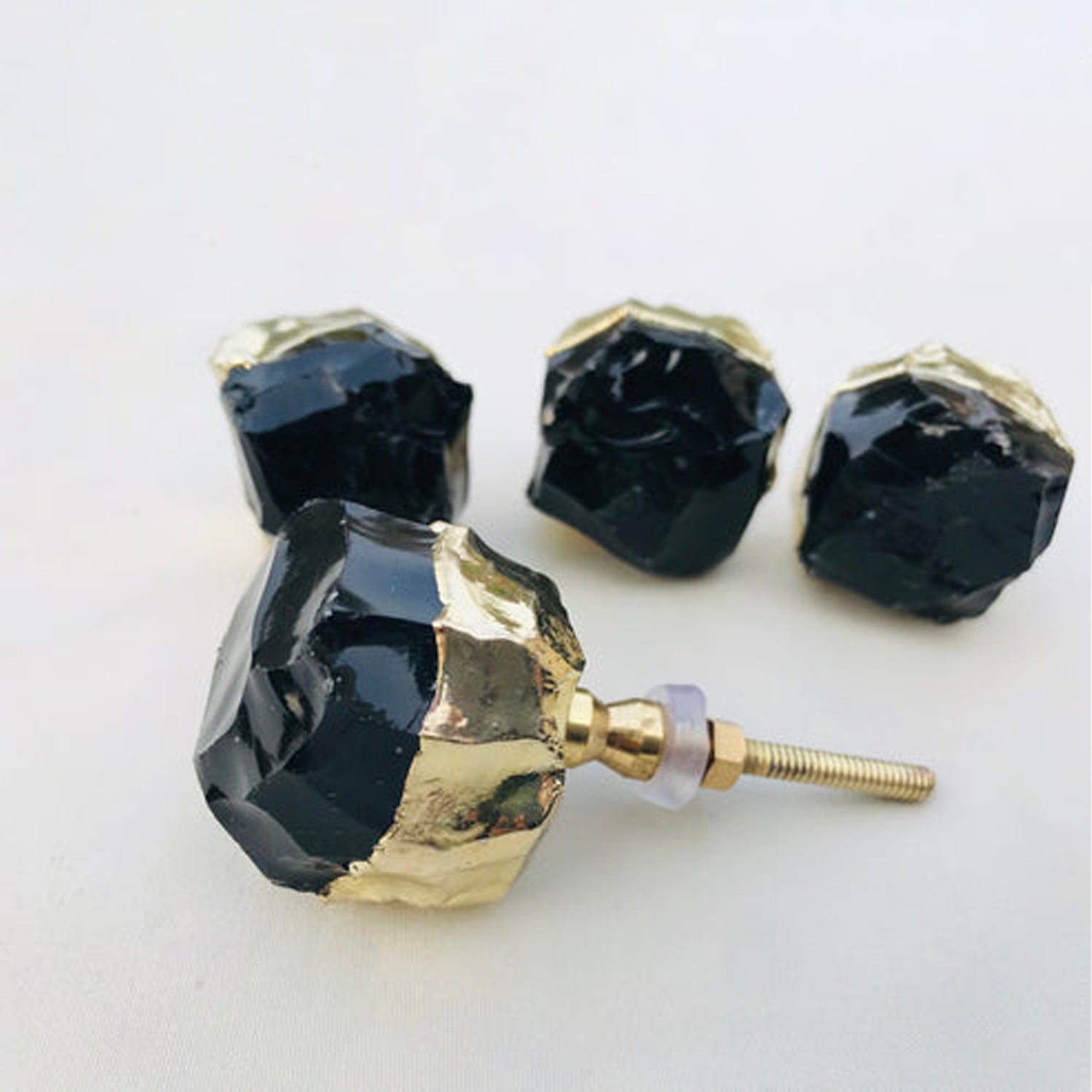 Set of 6 Large Black Obsidian Glass Classic Vintage Finish Cabinet Dra ...